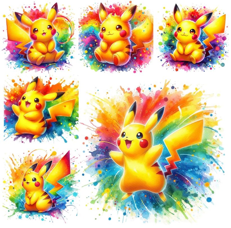 6 Colorful Watercolor Pikachu PNG Bundle, Cute Pokemon PNG , Pokemon ...