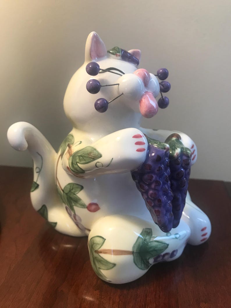 Rare Amy Lacombe Whimsiclay Cat With Grapes Figurine 2002 - Etsy