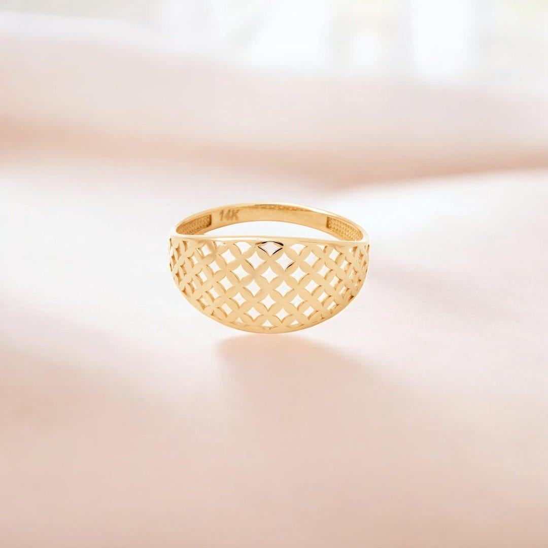 14K Gold Filigree Dome Ring, Elegant Openwork Band, Vintage Inspired ...