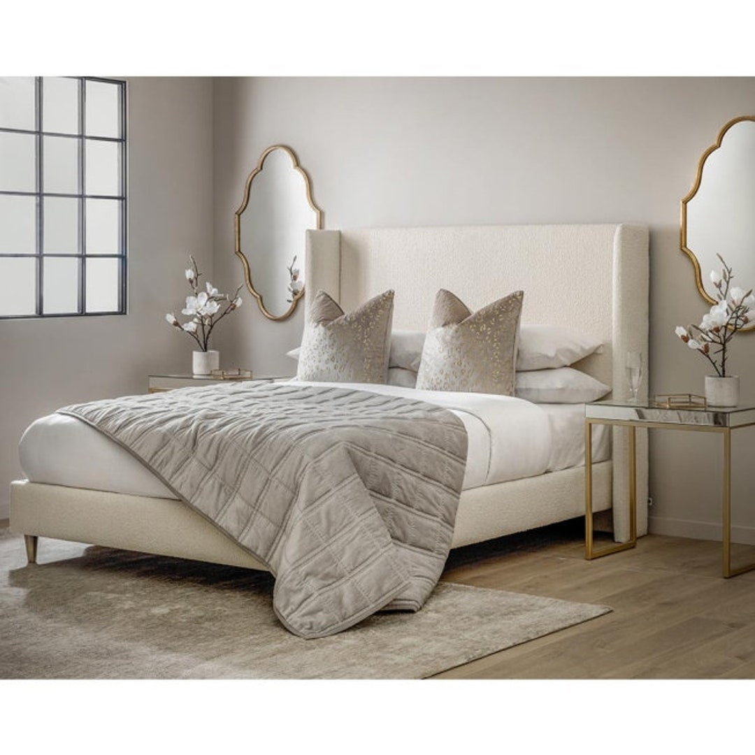 Boucle Wing Back Bed Frame in Cream, Pink and Oatmeal Optional Storage ...