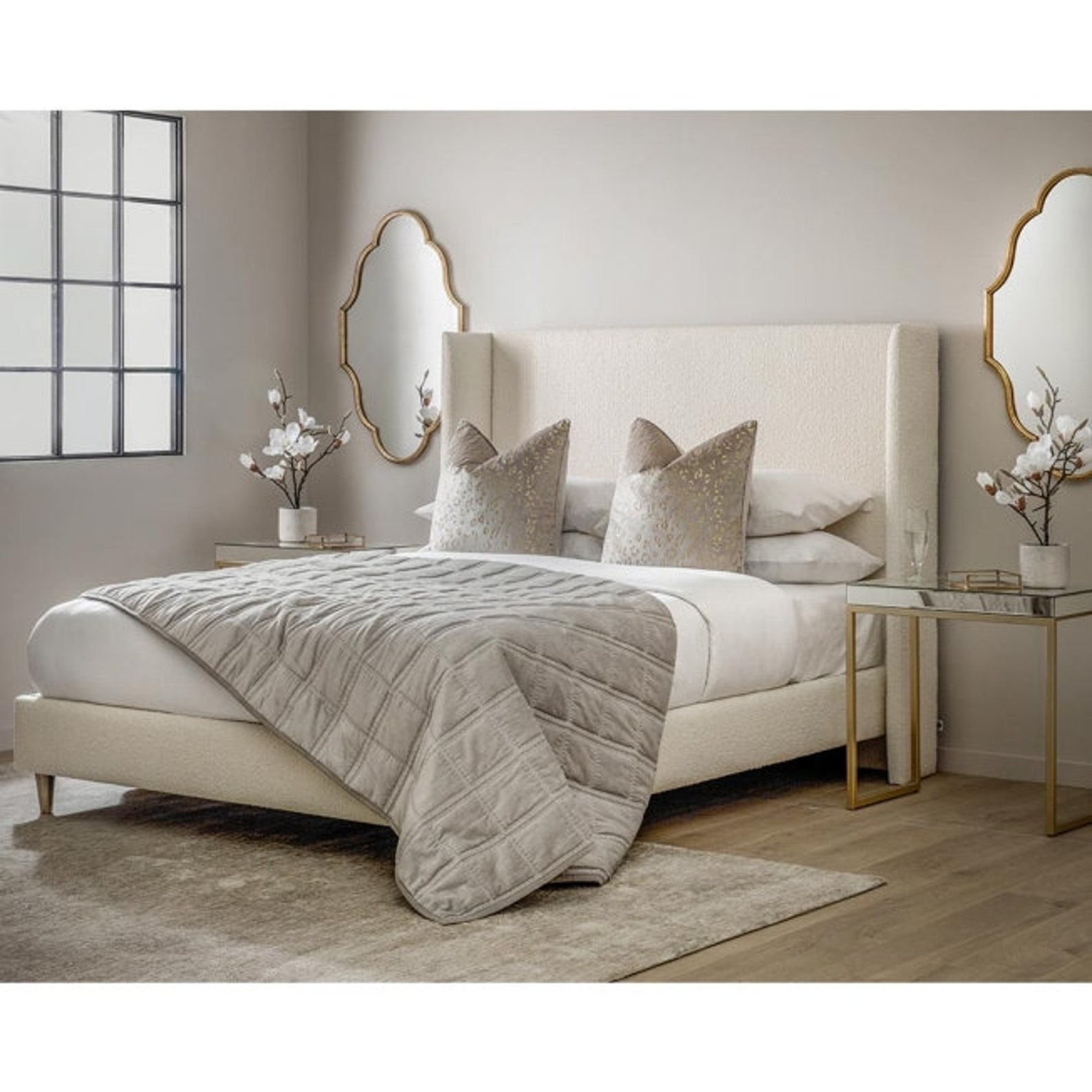 Boucle Wing Back Bed Frame in Cream, Pink and Oatmeal Optional Storage ...