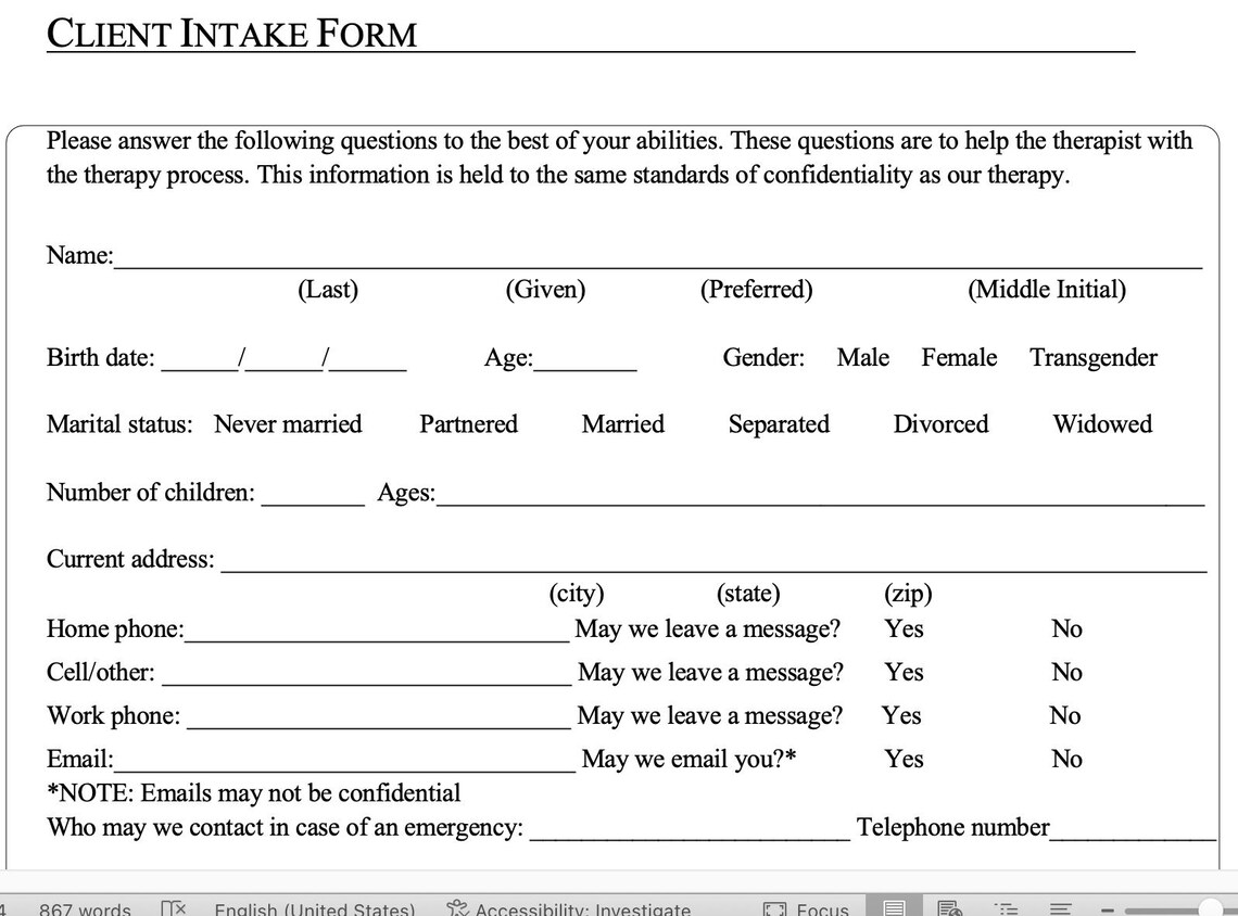 Therapy Intake Form | for Therapists, Counselors, and Social Workers - Etsy