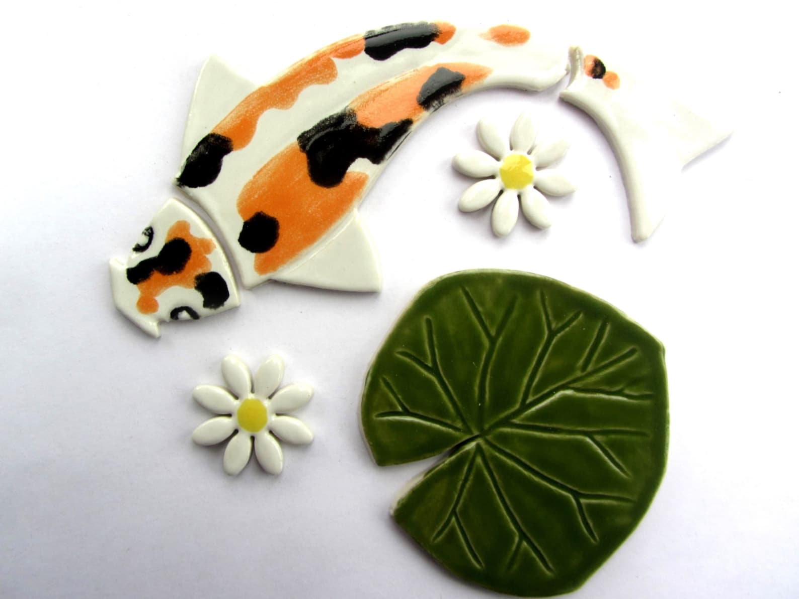 Handmade Ceramic Koi Carp Lily Pad and Lily Flower Tiles, Mosaic Making ...