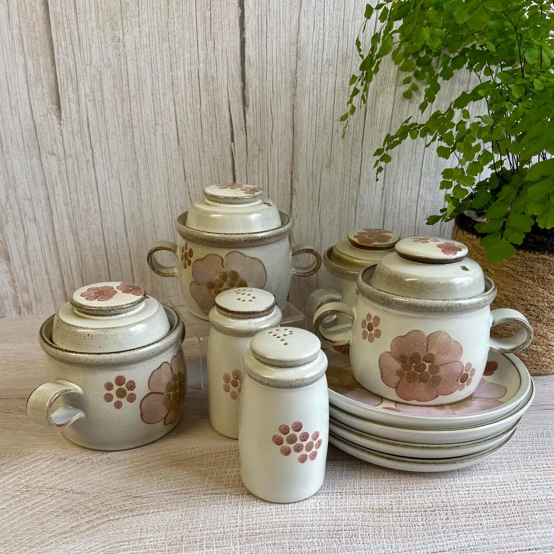 Retro Denby Gypsy Pink Rose Ware. Cruet Set. Lidded Soup Pot Side Plate ...