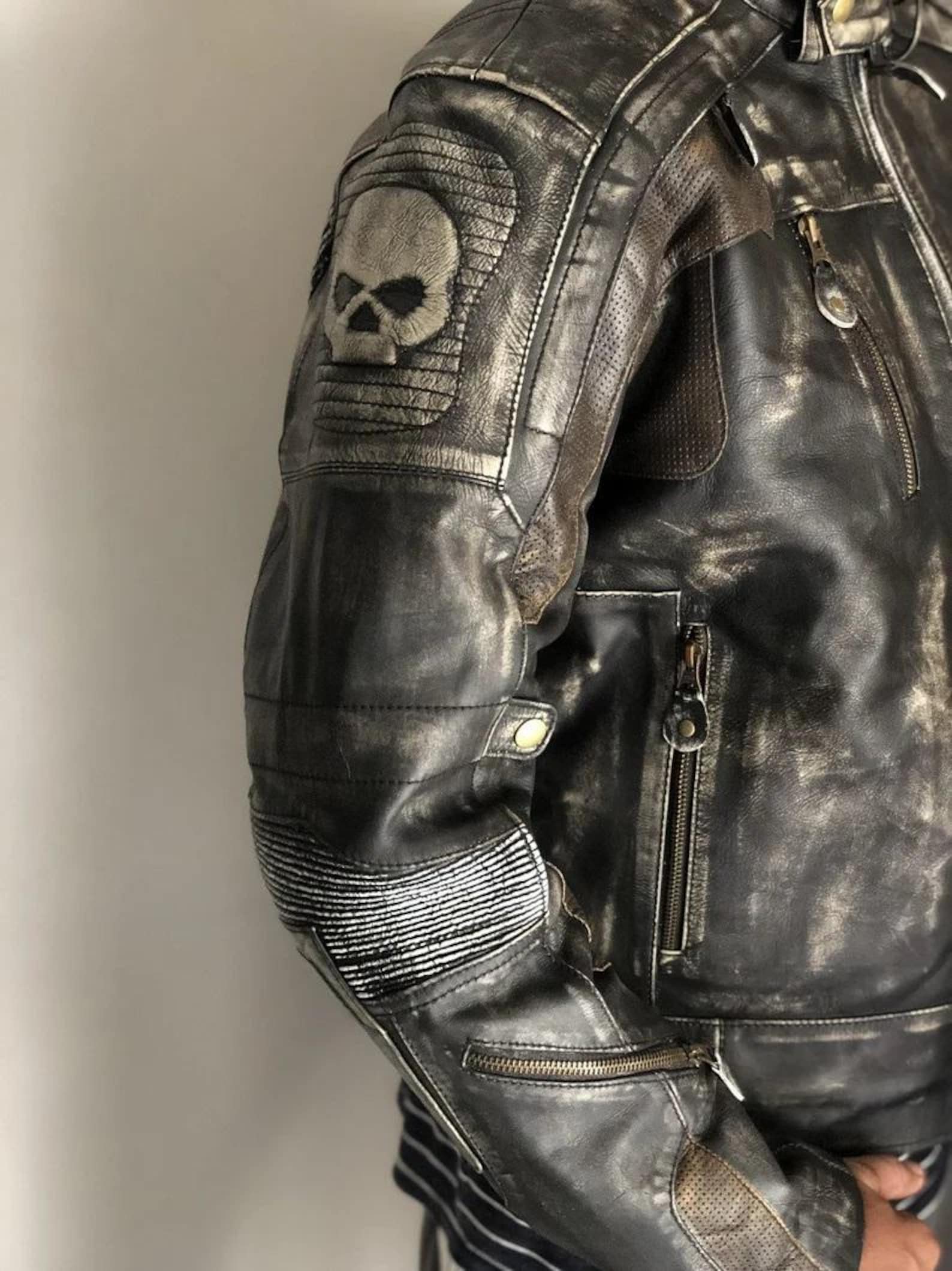 Men's Real Cow Leather Brown Distressed Skull Biker Motorcycle Jacket ...