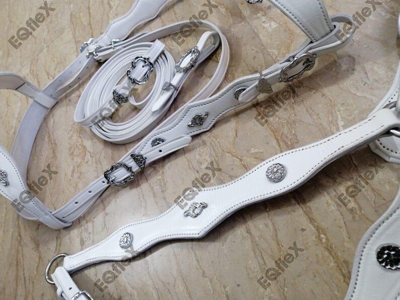 Bridle With Reins and Breast Collar Set Real White Leather With ...