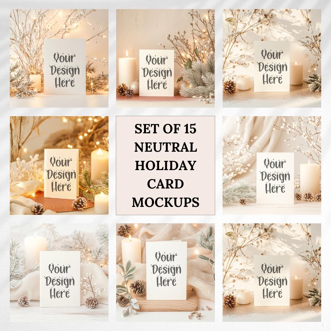 Set of 15 Neutral Holiday Card Mockups Elegant Christmas Card Display ...