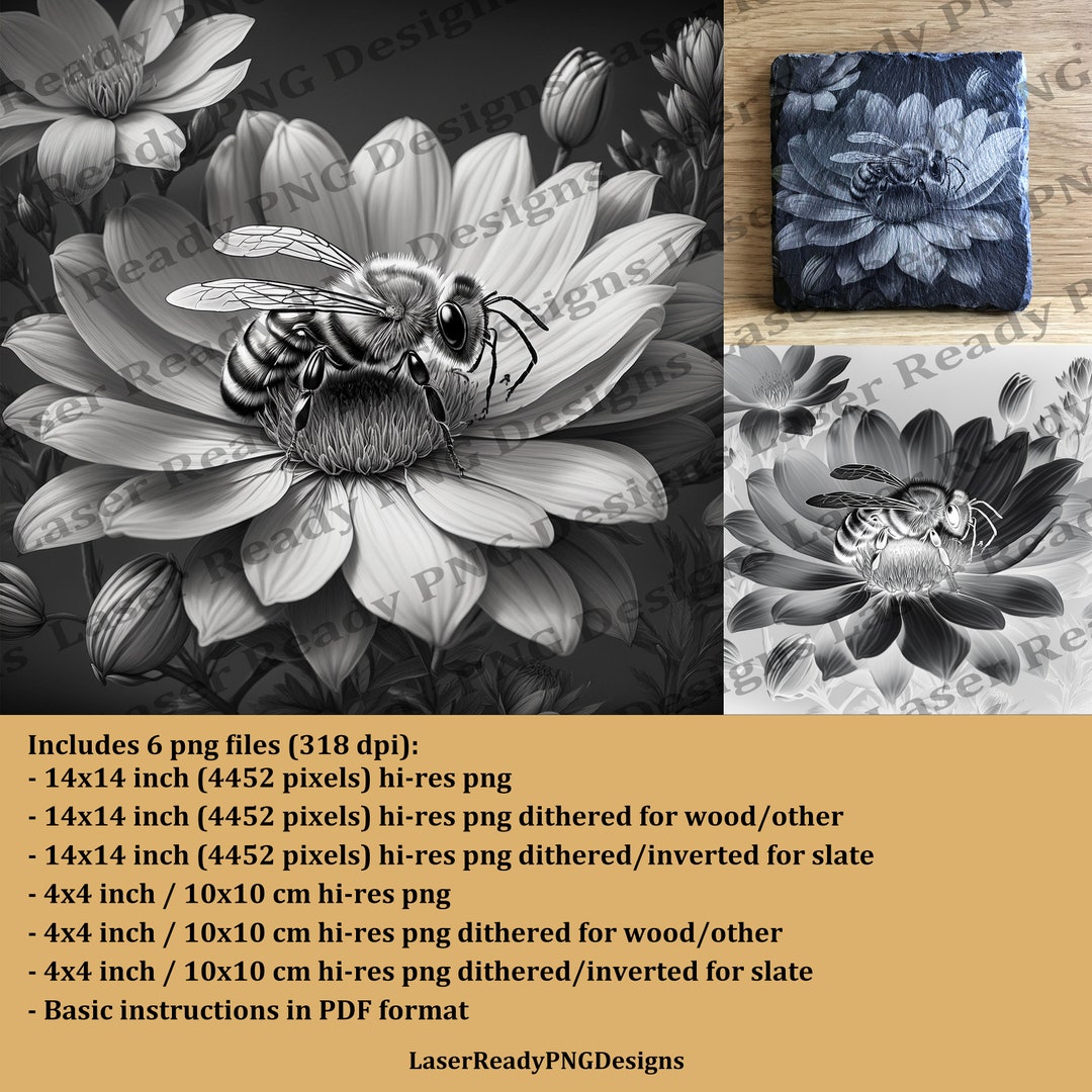 Honeybee and Flower Laser Engraving PNG Files, Slate Coaster Wood Tile ...