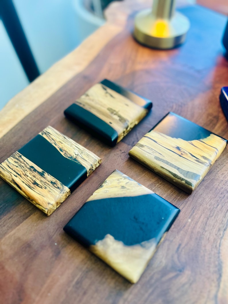 Spalted Black Walnut Coasters With Midnight Blue Epoxy, Modern Wood and ...