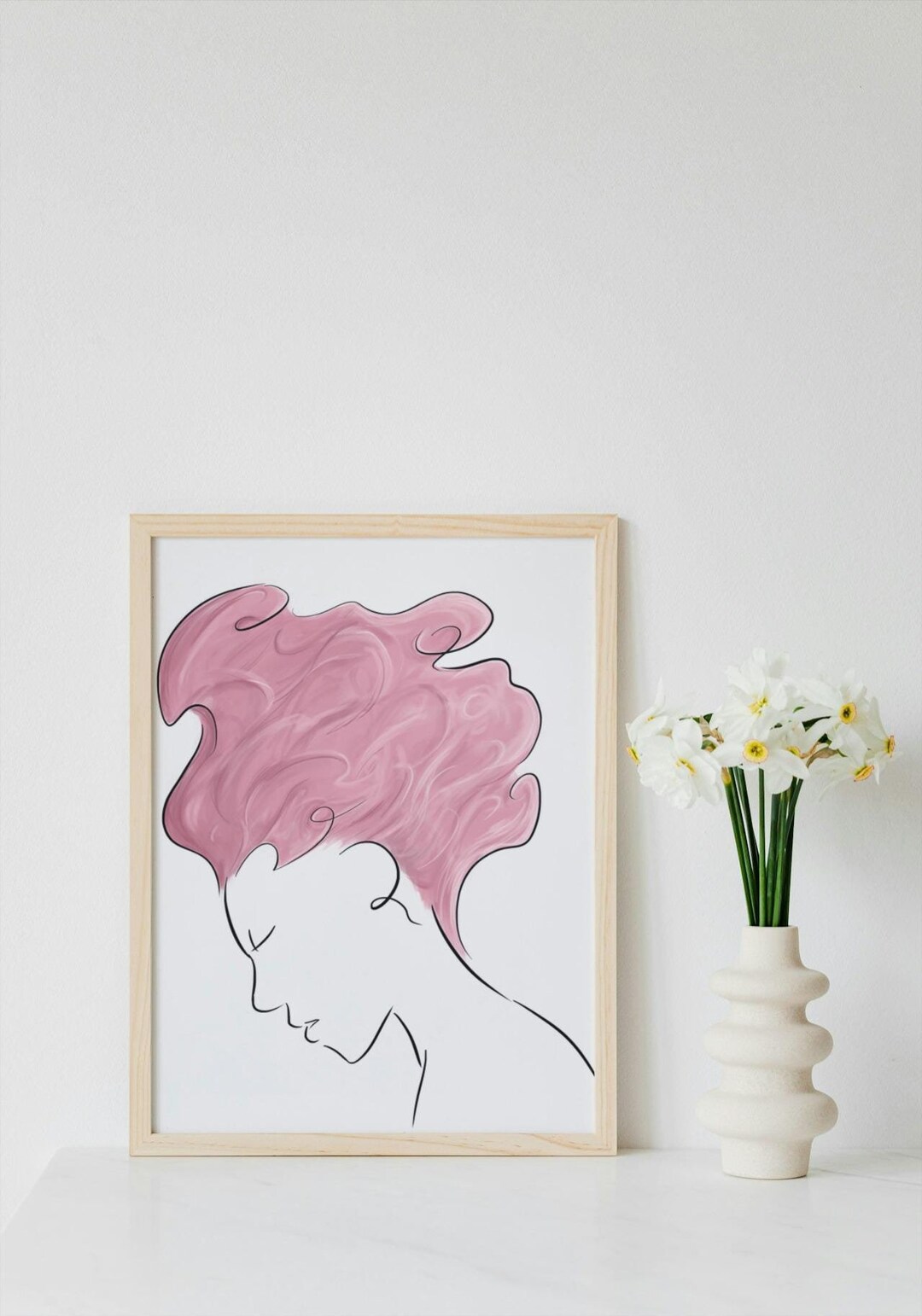 Woman in Profile With Pink Hair, Line Art, Digital Download, Wall Decor ...