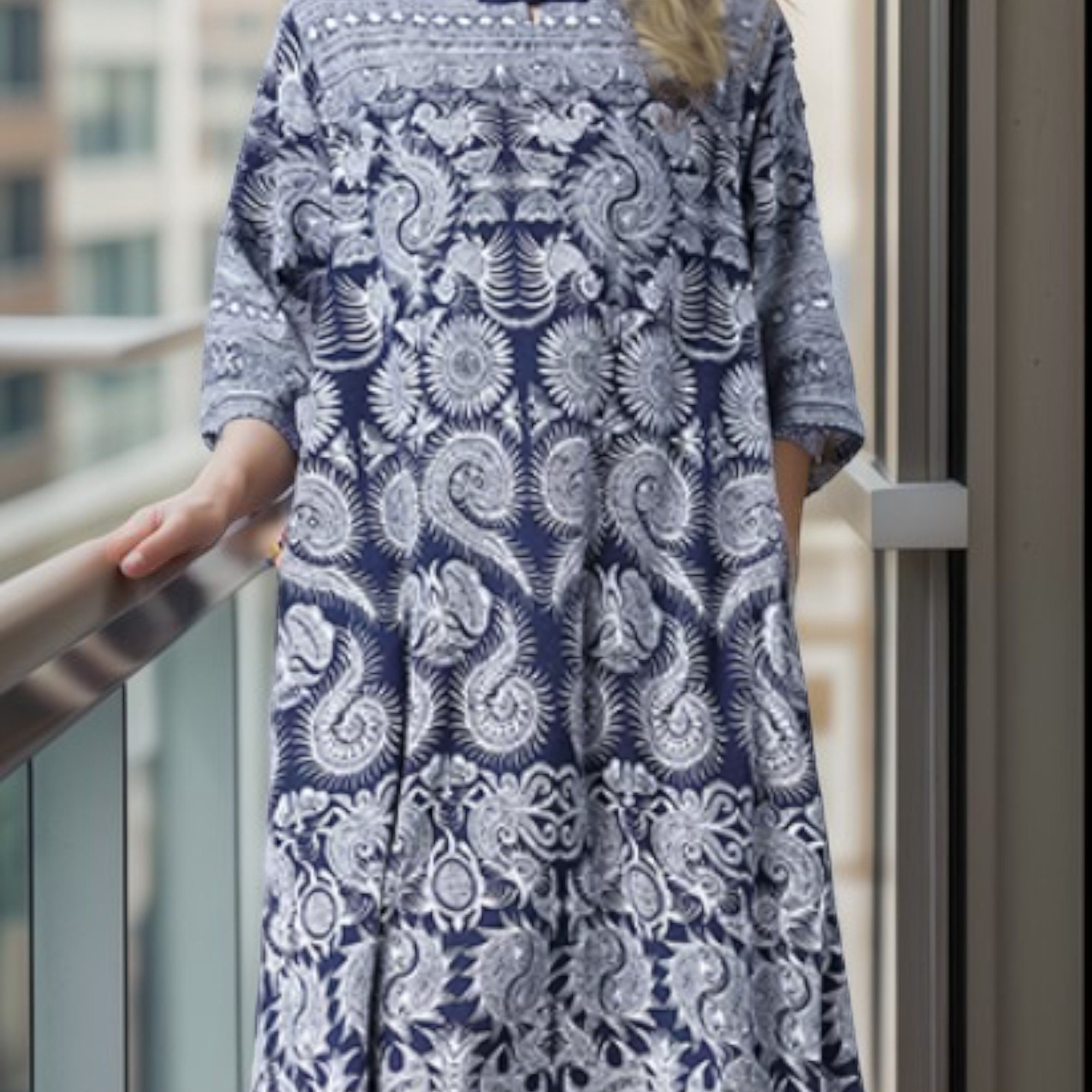 Paisley Style Printed Button Midi Dress Three Quarter Sleeve Cotton ...