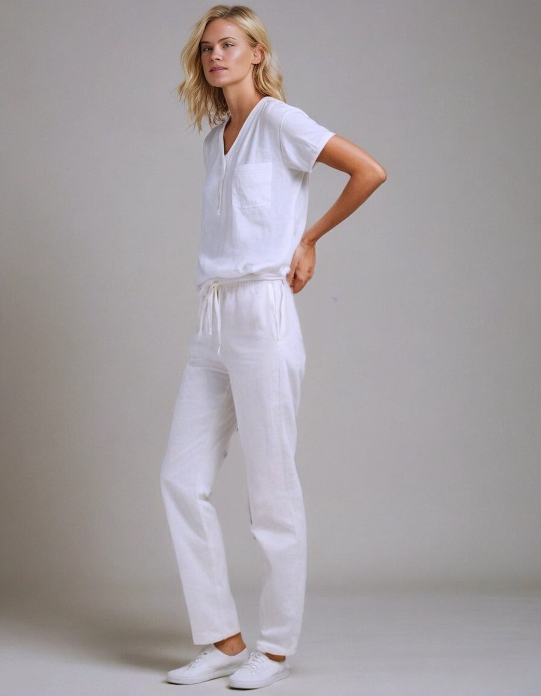 Women Linen Drawstring Pants in 13 Colours, Cotton Side Pocket Trousers ...