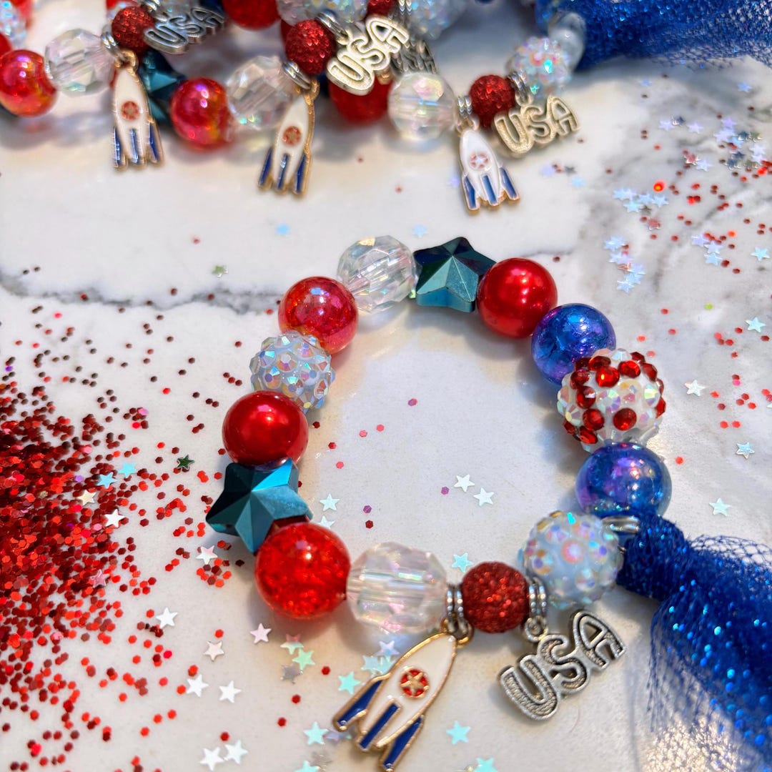 Little Miss USA Rocket Rhinestone Glitter Stretch Bracelet Red, White ...