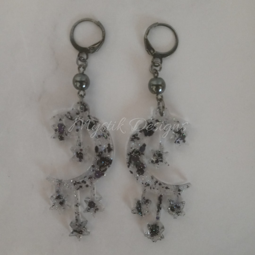 Black Foil Crescent Moon Star Drop Earrings | Resin Gun Metal Handmade ...