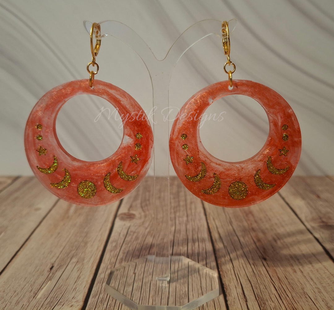Red Gold Holographic Moon Phase Earrings | Resin Handmade Jewelry Lock ...