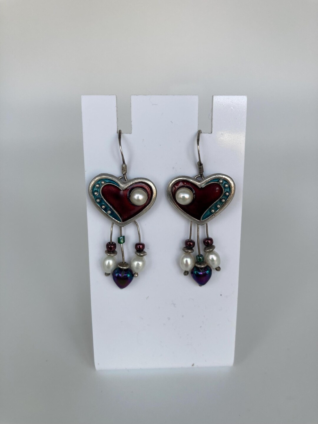 Unusual Aritsan Vintage Bezel Set Pearl, Red and Blue-green Enamel ...