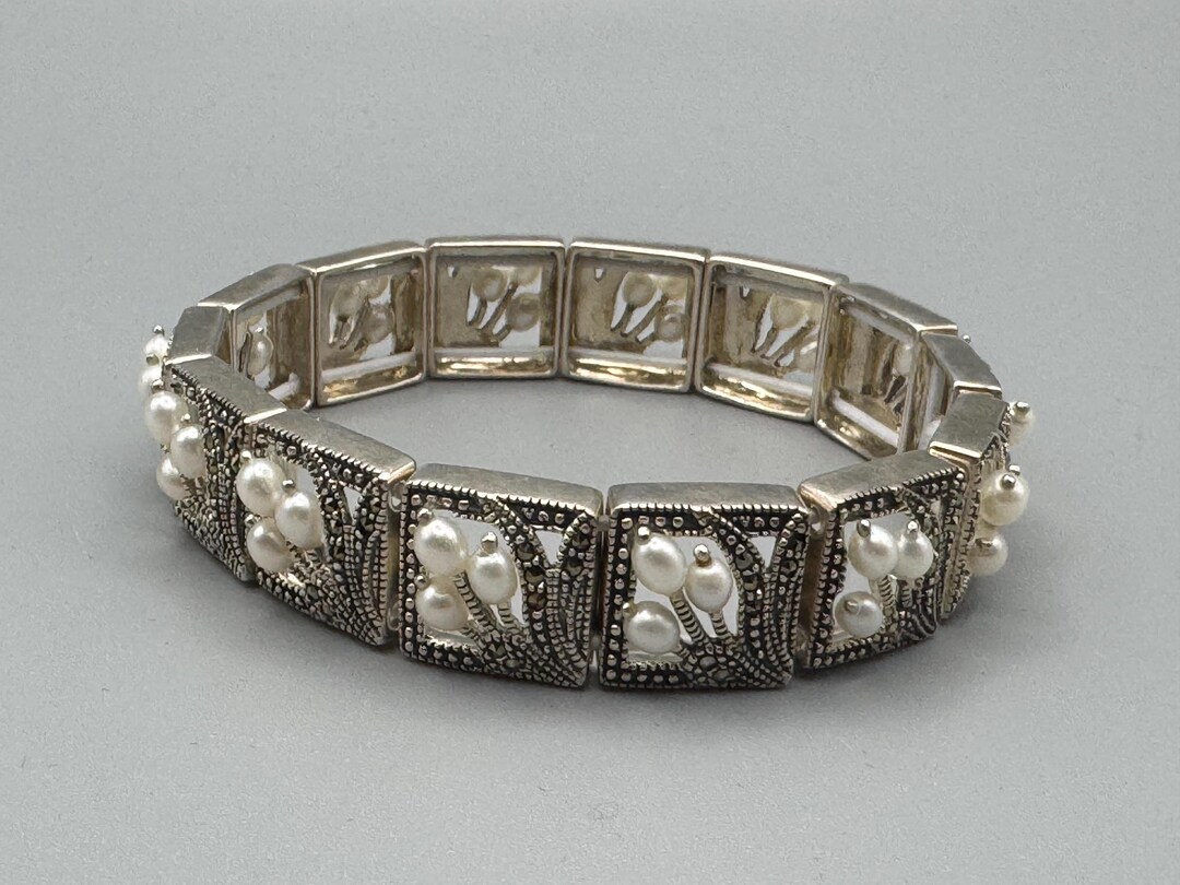 Vintage FAS 925 Marcasite Pearl Panel Stretch Bracelet - Etsy