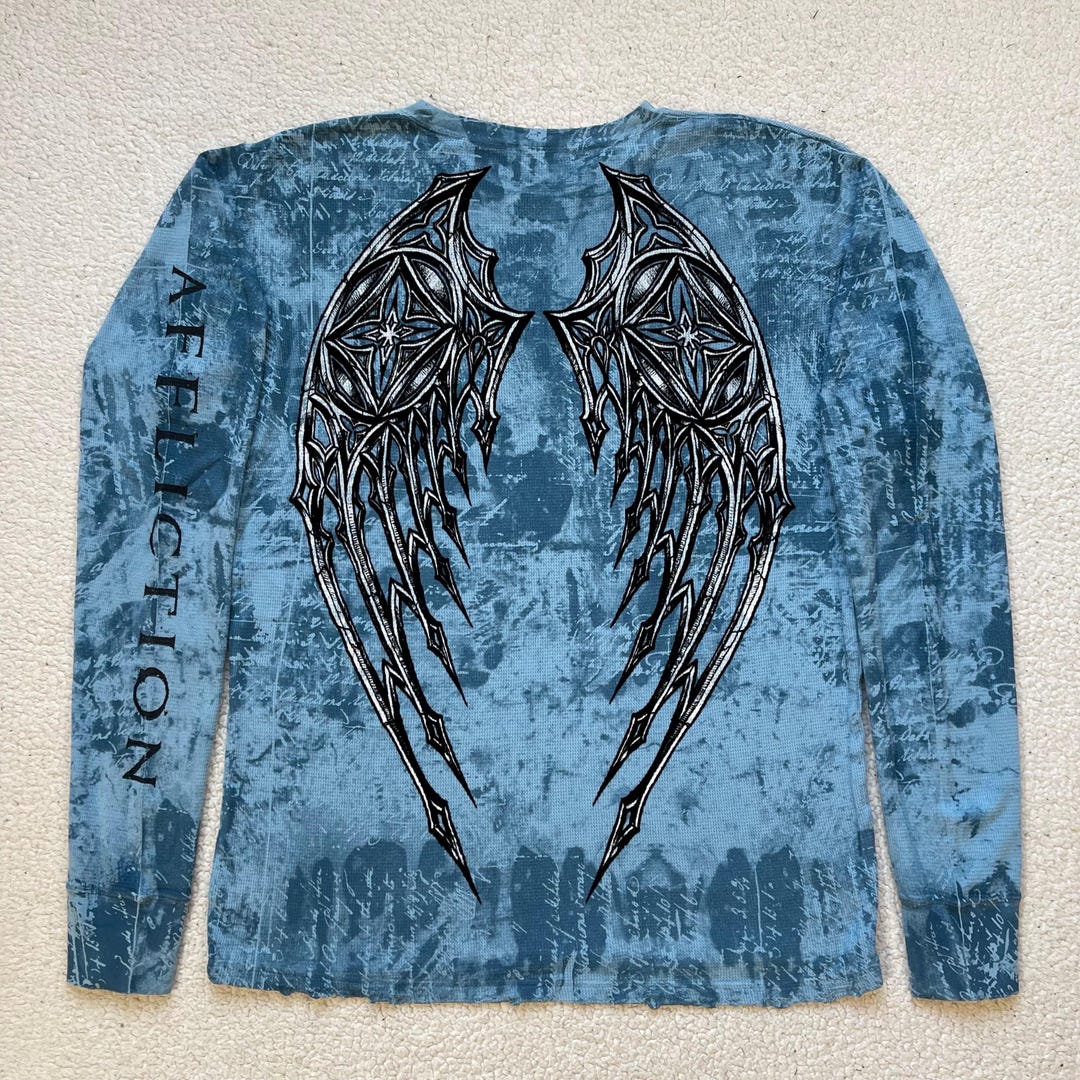 Vintage Y2K Affliction Angel Wings Long Sleeve Thermal Felt Print Cyber ...