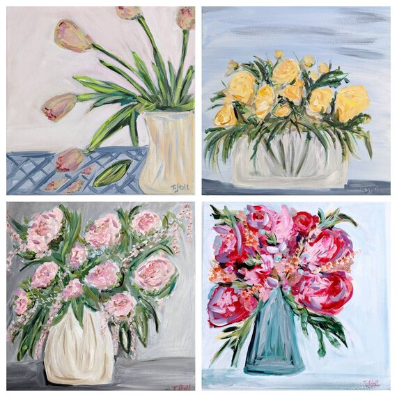 Set of 4 Floral Original 12x12 Painting Acrylic Hand - Etsy