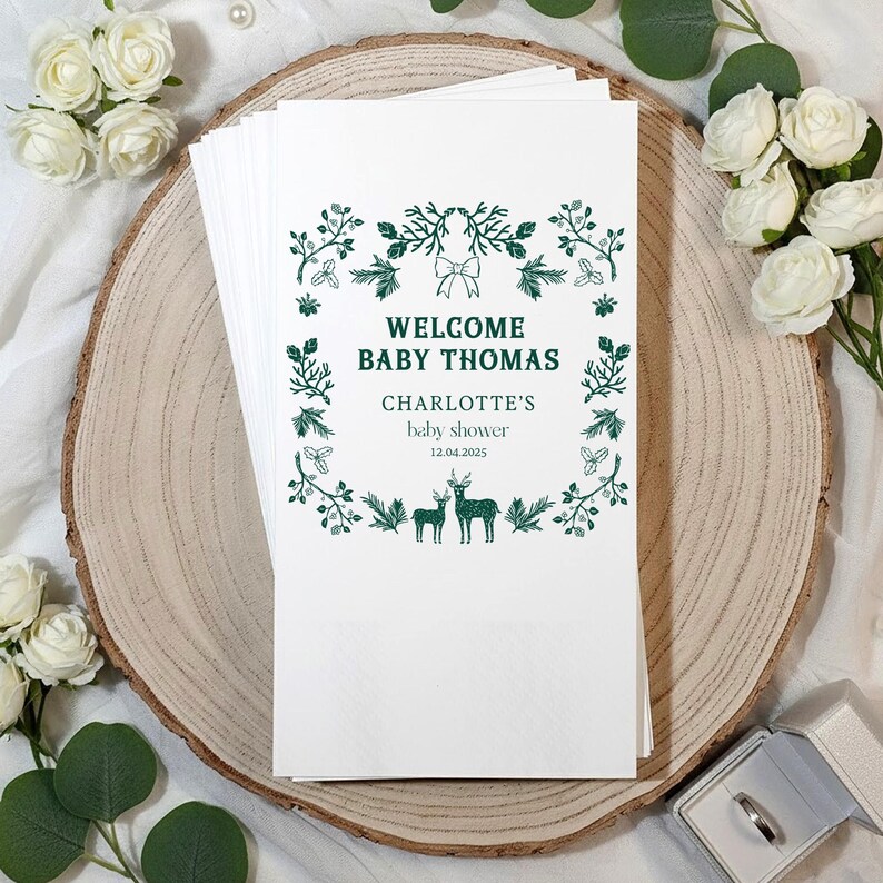 Personalized Baby Shower Napkins, Cute Winter Holiday Greenery Napkins ...