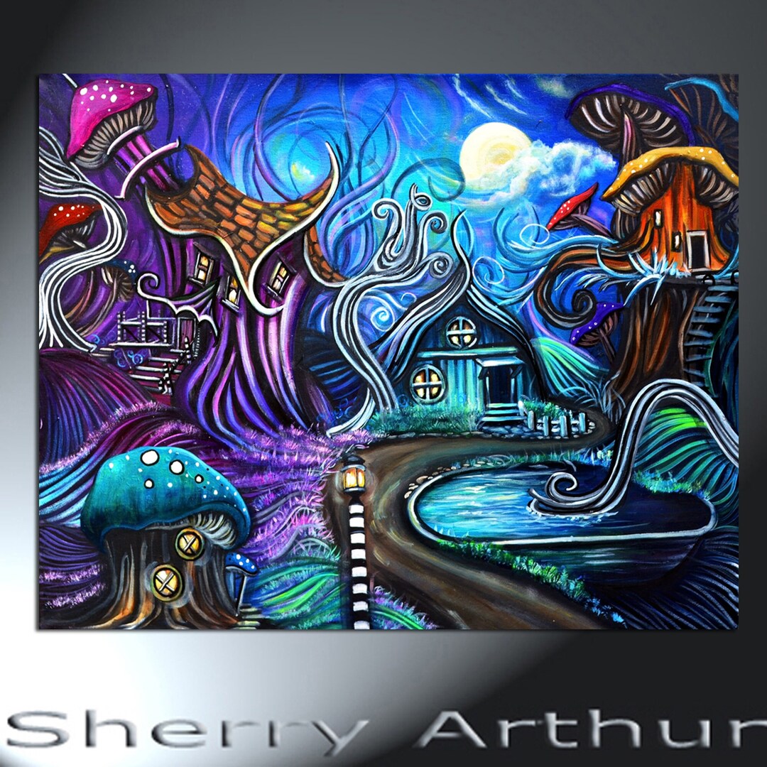 Whimsical Surreal Town of Bent Forks Landscape Unique Original Artwork ...