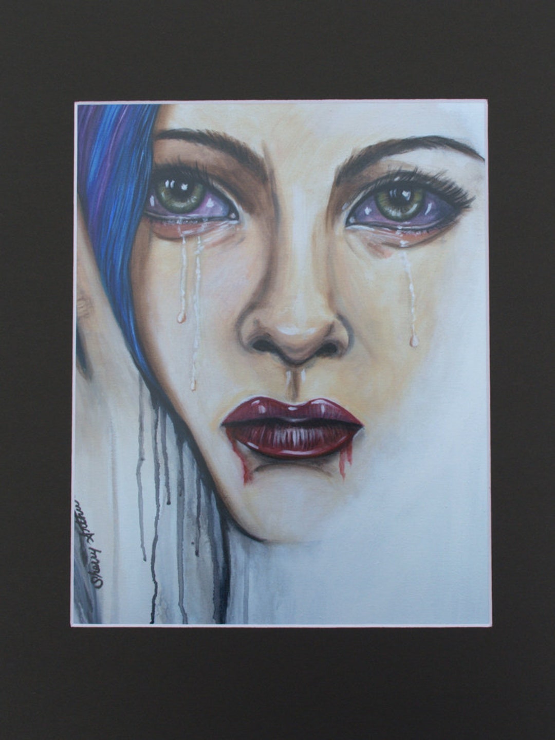 Sad Woman Emotional Crying Portrait With Blue Hair Reproduction Print ...