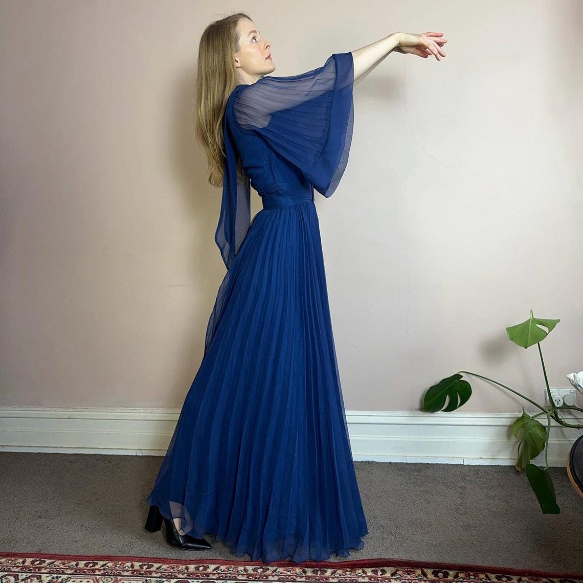 Ethereal Vintage 1970s 70s Evening Gown With Bell Sleeves, Accordion Pleated Chiffon, Dramatic ...