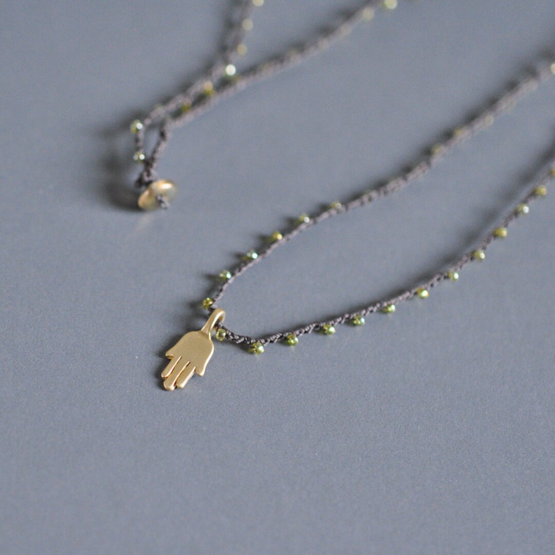 Tiny Gold Hamsa Pendant on Daintiest Crocheted Beaded Necklace in Red ...