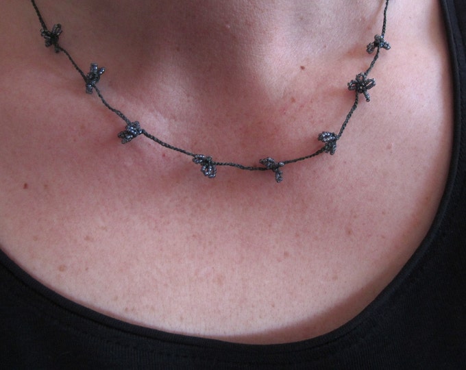 Daisy Chain Beaded Crocheted Necklace in Shimmery Gray - Etsy