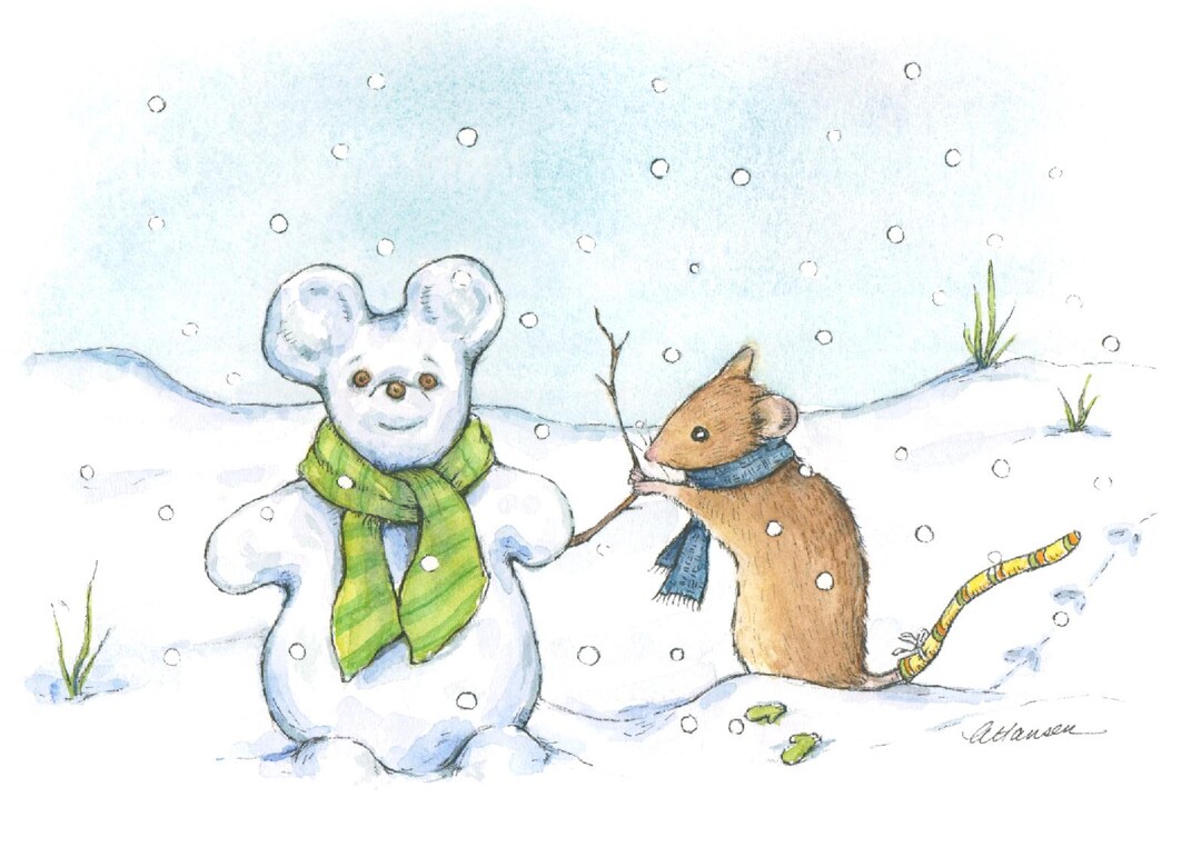 Mouse Building a Snowmouse, Christmas Art, Mouse With a Scarf, Woodland ...