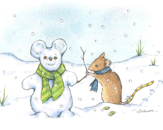 Mouse Building a Snowmouse, Christmas Art, Mouse With a Scarf, Woodland ...