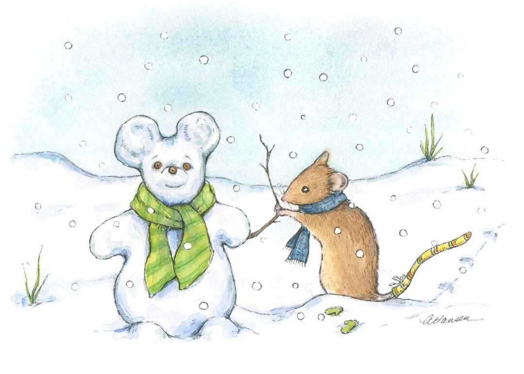 Mouse Building a Snowmouse, Snowman Cards, Mouse With a Scarf, Woodland ...