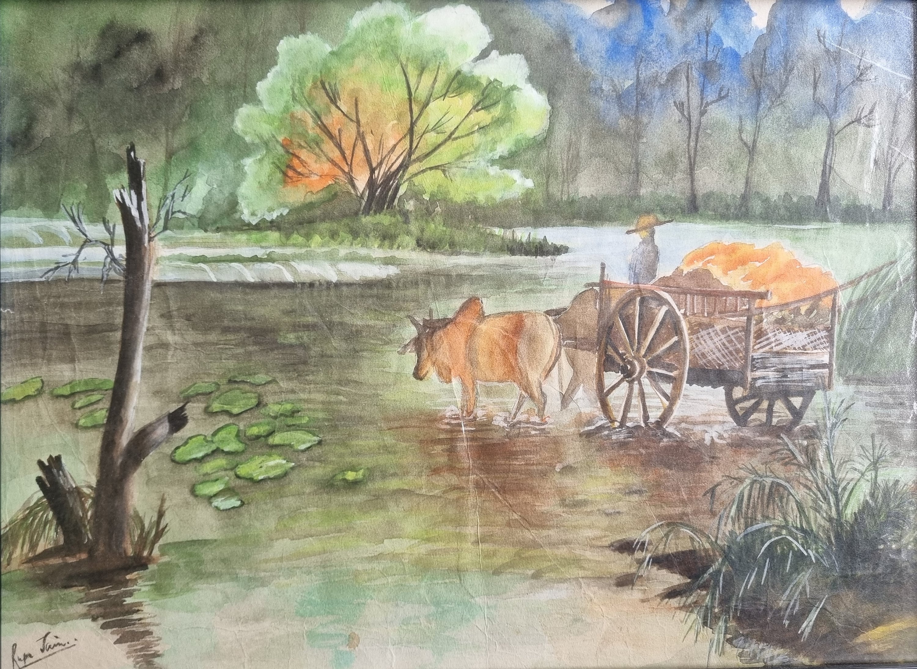 Bullock Cart Indian Village Scene Wall Art. Beautiful Unique Signed ...