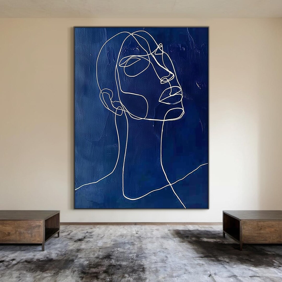 Modern Minimalist Blue Portrait Abstract Oil Painting - Wall Art ...