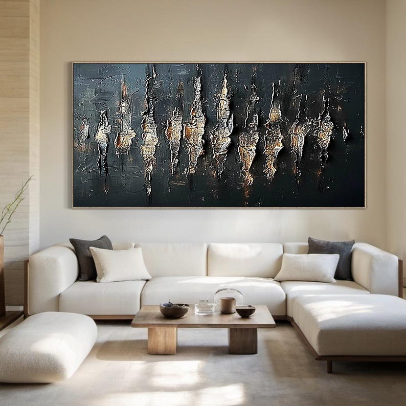 Black Abstract Oil Painting, Black Simple Texture Wall Painting, Wabi ...