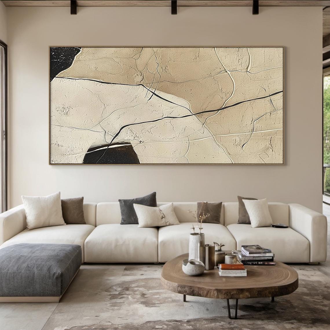 Beige Wabi-sabi Wall Art Black Beige Abstract Painting Large Light ...