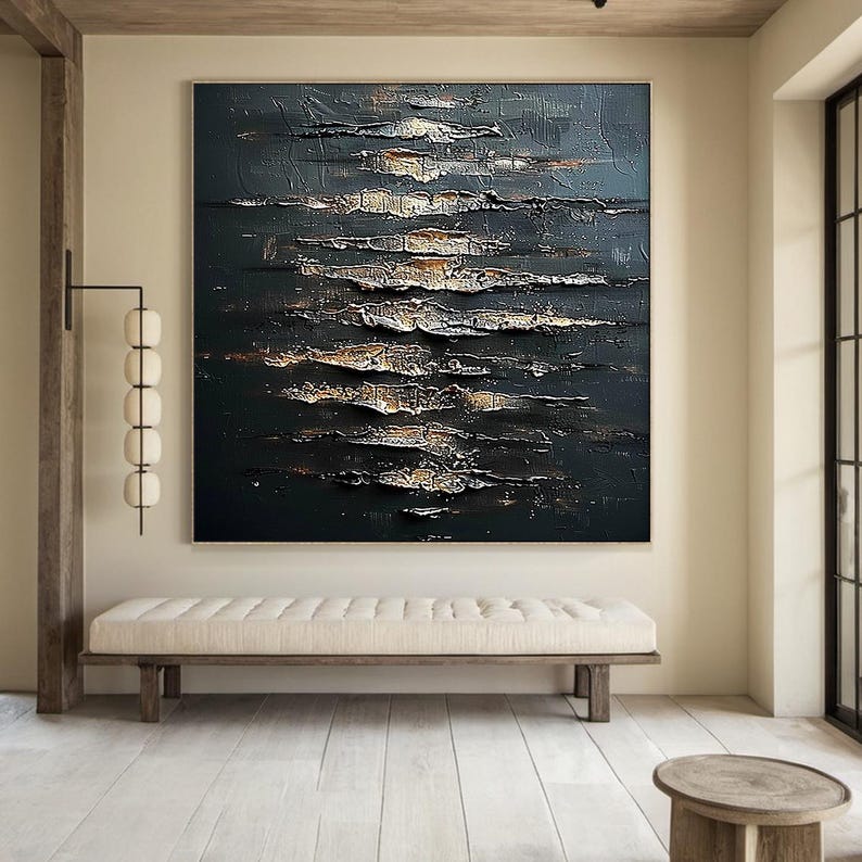 Black Abstract Oil Painting, Black Simple Texture Wall Painting, Wabi ...