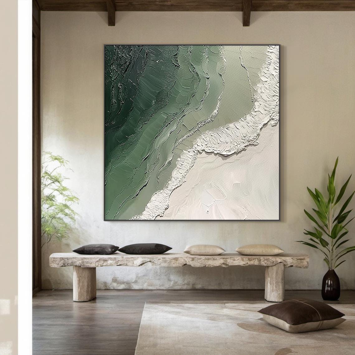 Olive Green Minimalist Painting, Green Texture Art, Beige Minimalist ...