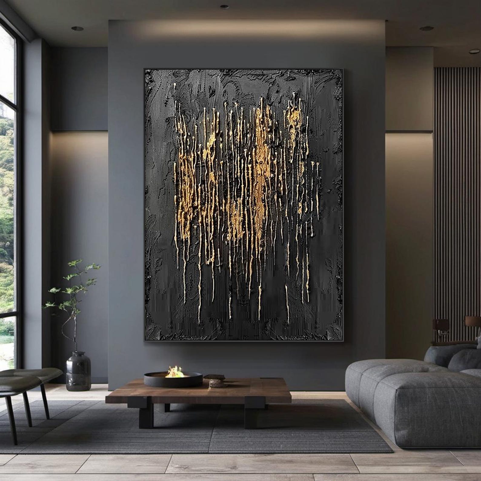 Large Black Abstract Painting, Gold Textured Wall Art, Black Minimalist ...