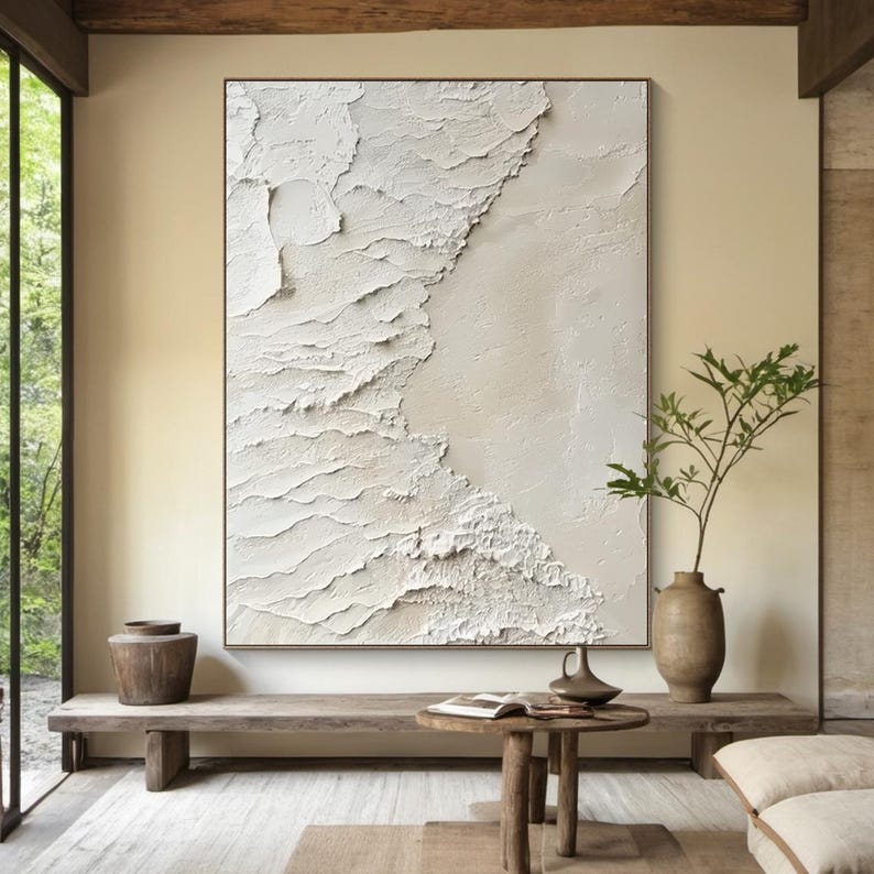 Large Original Off-white Minimalist Wall Painting, White Textured Wall ...