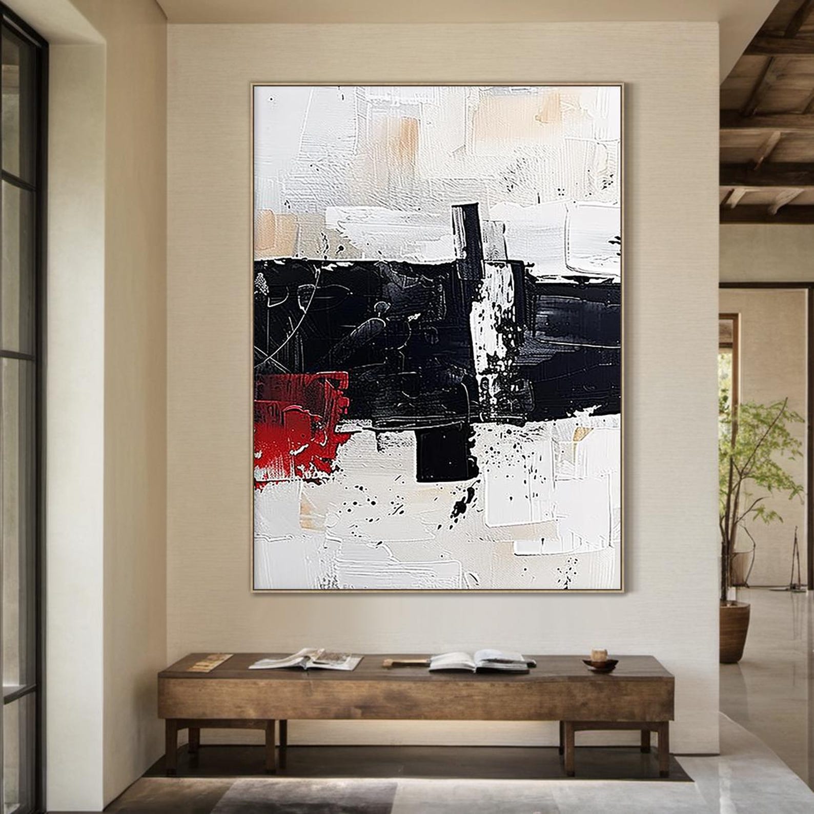 White Minimalist Abstract Line Art, Large Black and Red Textured Wall ...