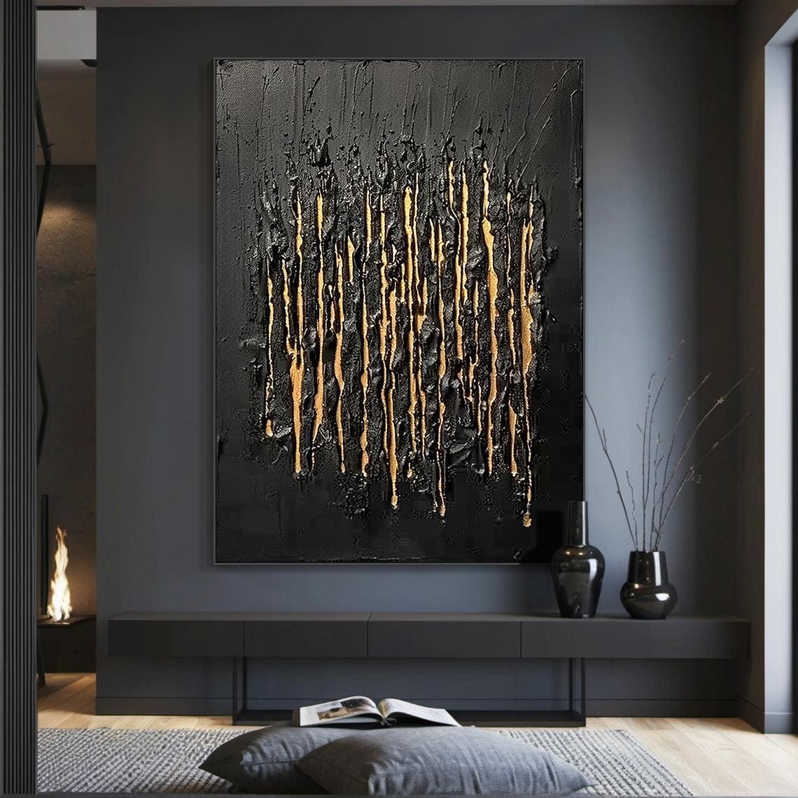 Large Black Abstract Oil Painting, Gold Textured Wall Art, Original ...