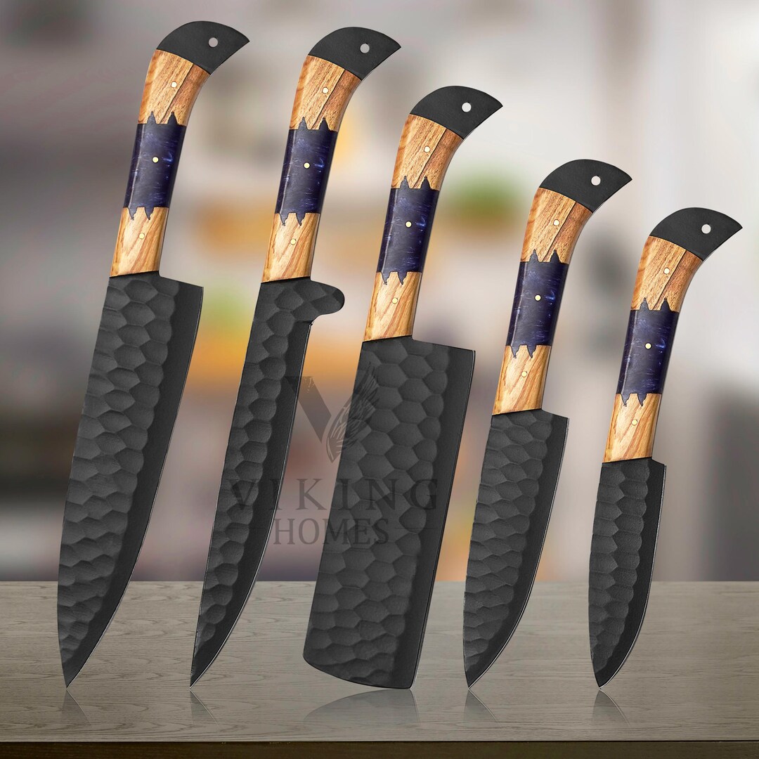 HAND FORGED Corbon Steel Chef Set 5pcs With Leather Roll Kit, Handmade ...