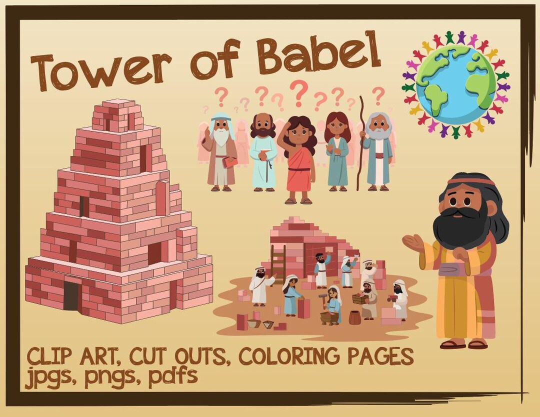 Tower of Babel Clip Art & Coloring Pages - PNG JPG PDF - Etsy