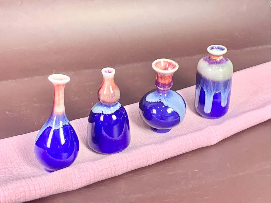 Blue Mini Glazed Ceramic Bud Vases, Handmade Miniature Pottery Vases ...