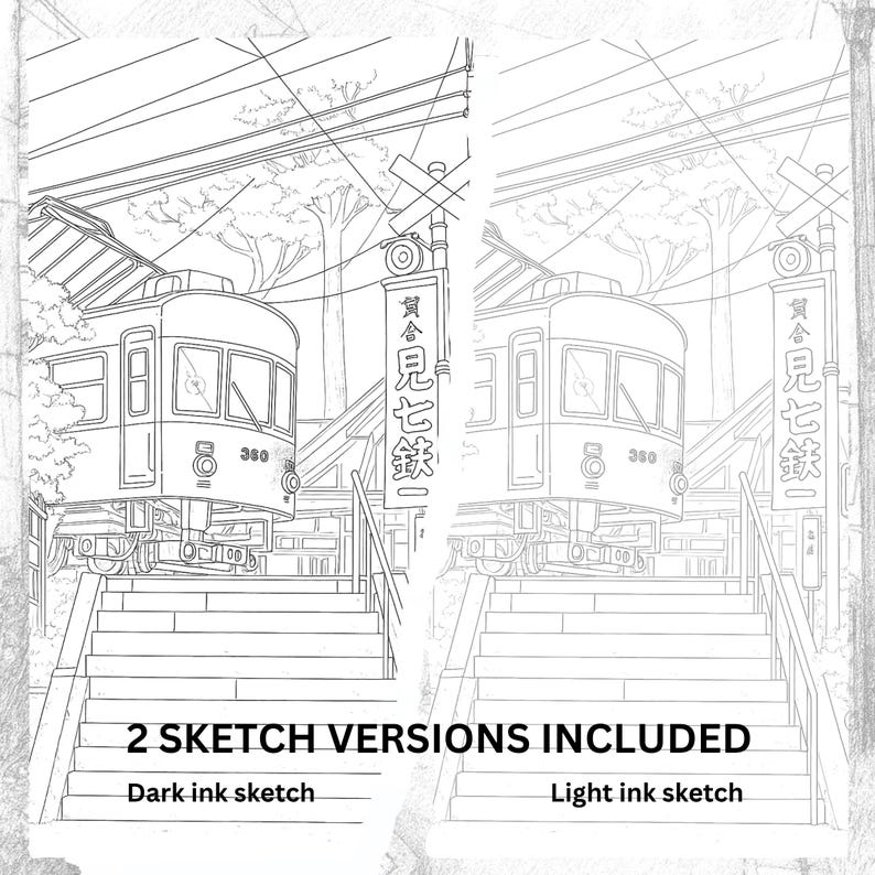 Anime-style Japanese Tram Coloring Page: Twilight Train Scene (PDF/JPG ...