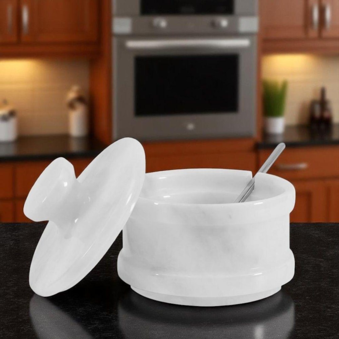 White Marble Salt Cellar 3.5" With Lid & Spoon , Salt Box , Countertop ...