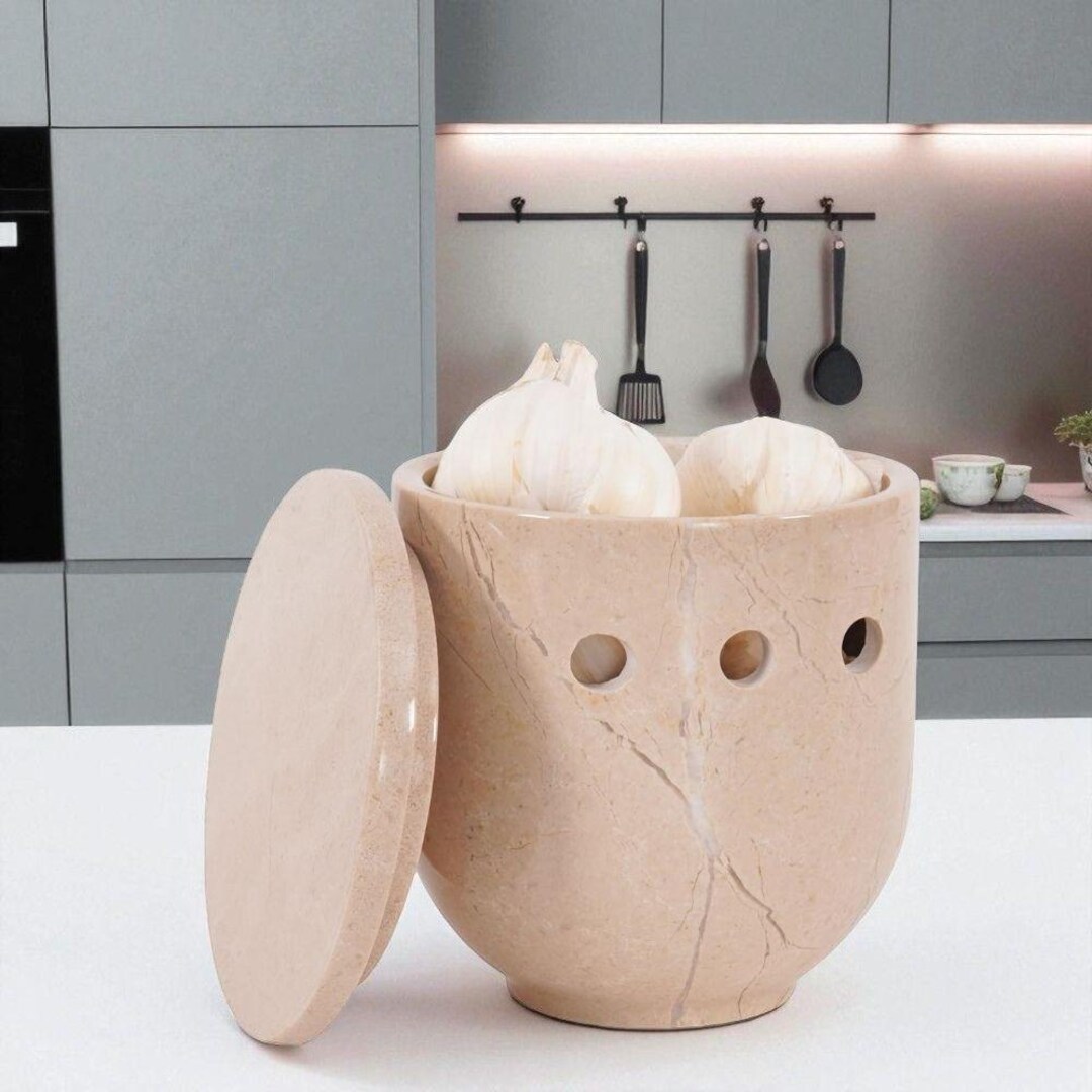 Verona Marble Garlic Keeper 4" With Lid | Handmade Garlic Storage Jar ...