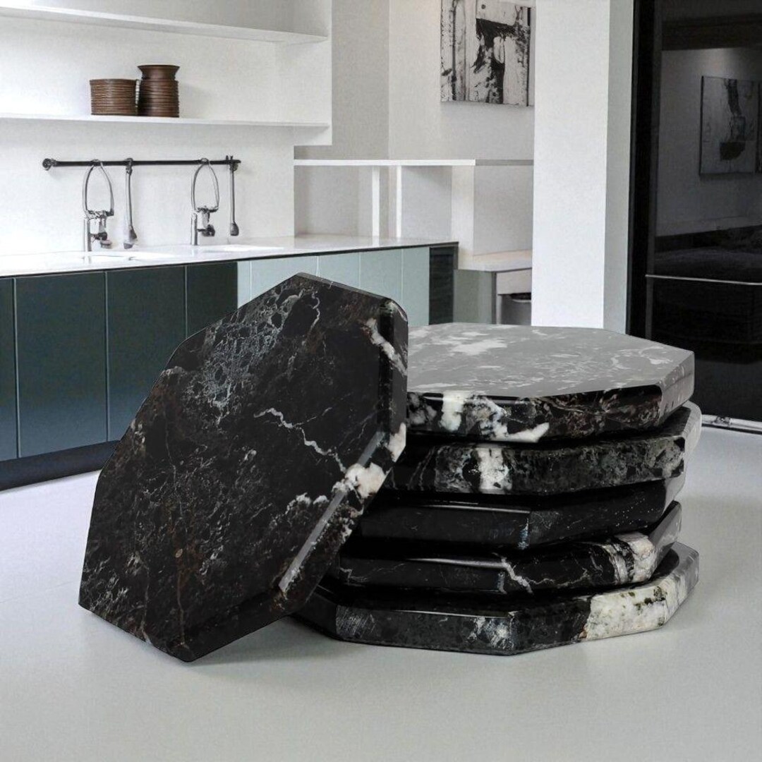 Handmade Black Marble 3.5" Hexagon Coasters Set of 6, Unique Star ...