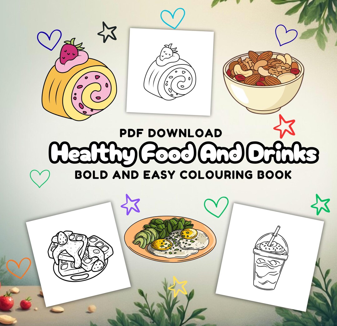 50 Bold Easy Pages Healthy Food & Drinks Coloring Book:(pdf- Printable ...